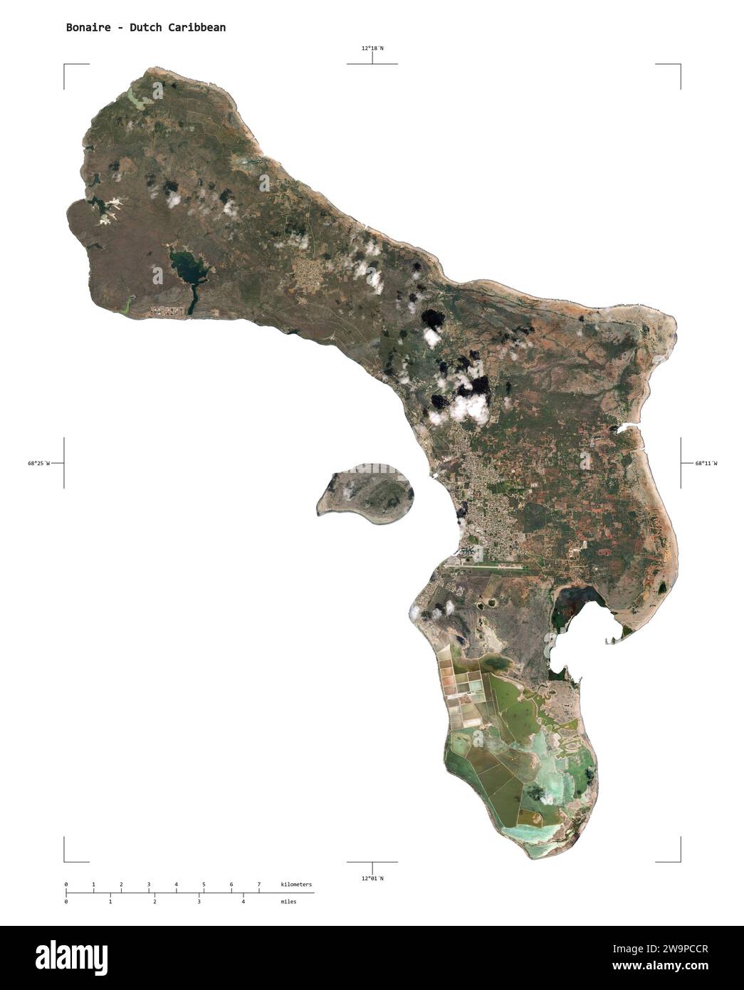 Shape of a low resolution satellite map of the Bonaire - Dutch Caribbean, with distance scale ...