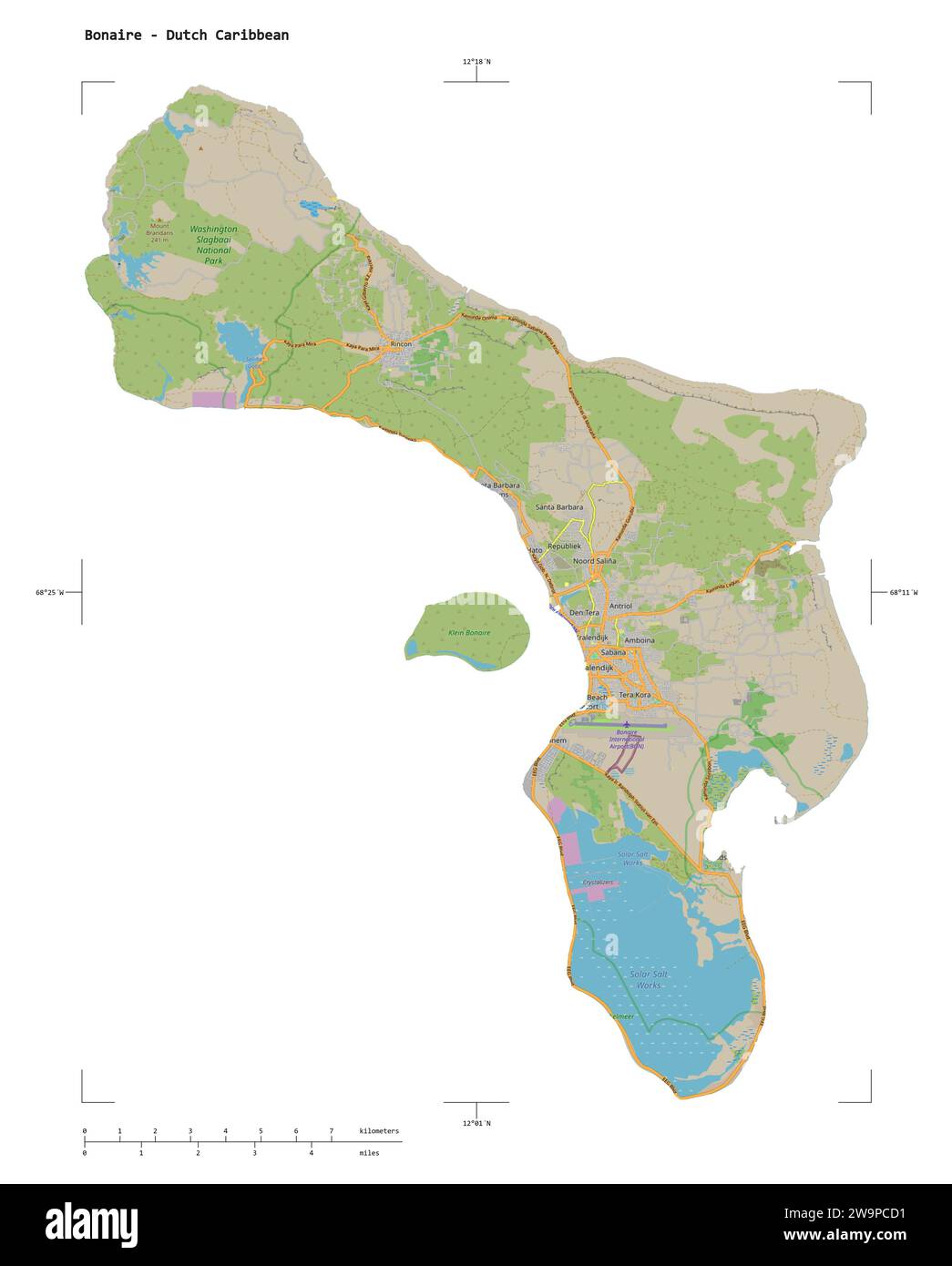 Shape of a topographic, OSM Germany style map of the Bonaire - Dutch Caribbean, with distance ...