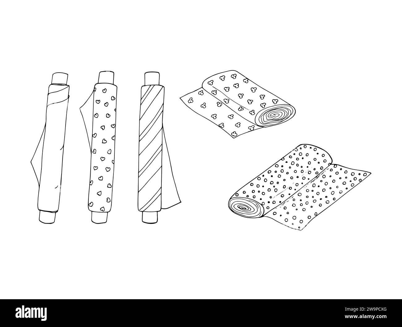 Hand-drawn Fabric rolls set. Sewing tools, tailoring, needlework, hobby ...
