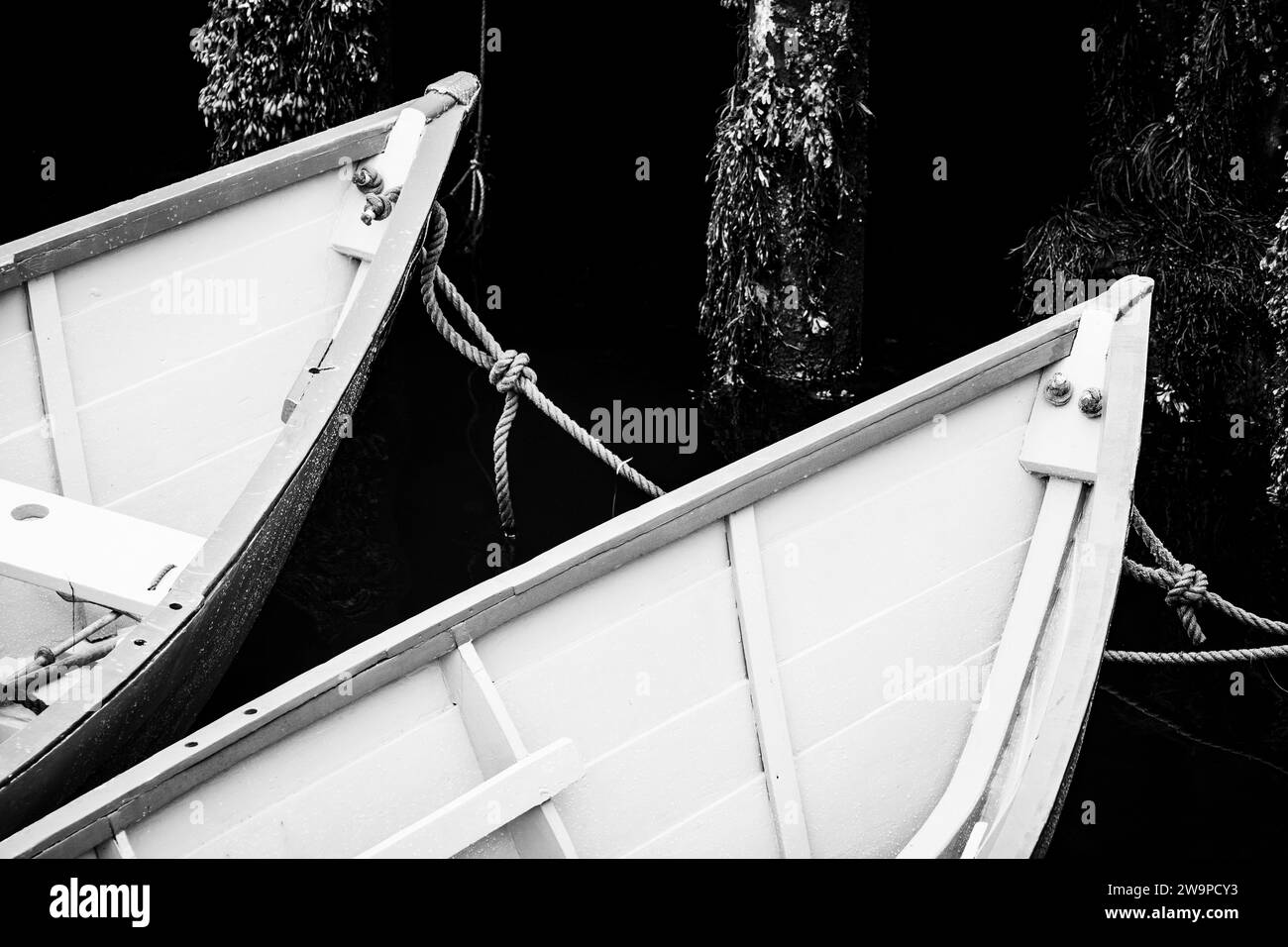 Fishing dory tied up in the harbour on a calm day at Lunenburg, Nova ...