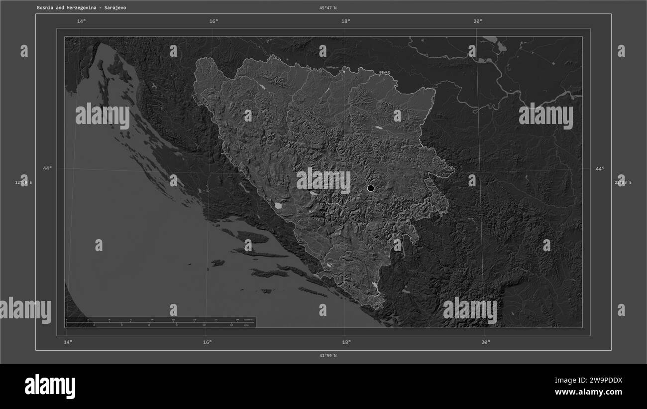 Bosnia and Herzegovina highlighted on a Bilevel elevation map with lakes and rivers map with the ...