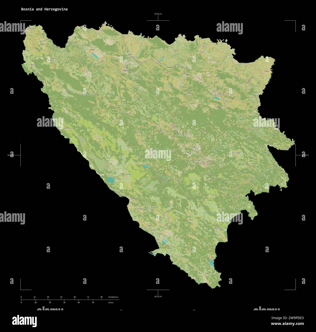 Shape of a topographic, OSM Humanitarian style map of the Bosnia and ...