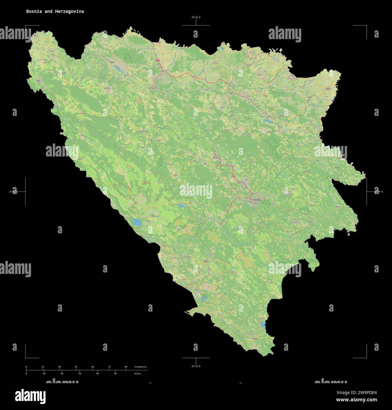 Shape of a topographic, OSM standard style map of the Bosnia and ...