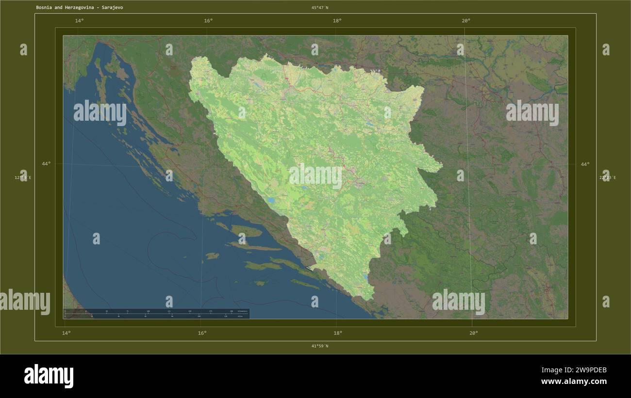 Bosnia and Herzegovina highlighted on a topographic, OSM standard style map map with the country ...