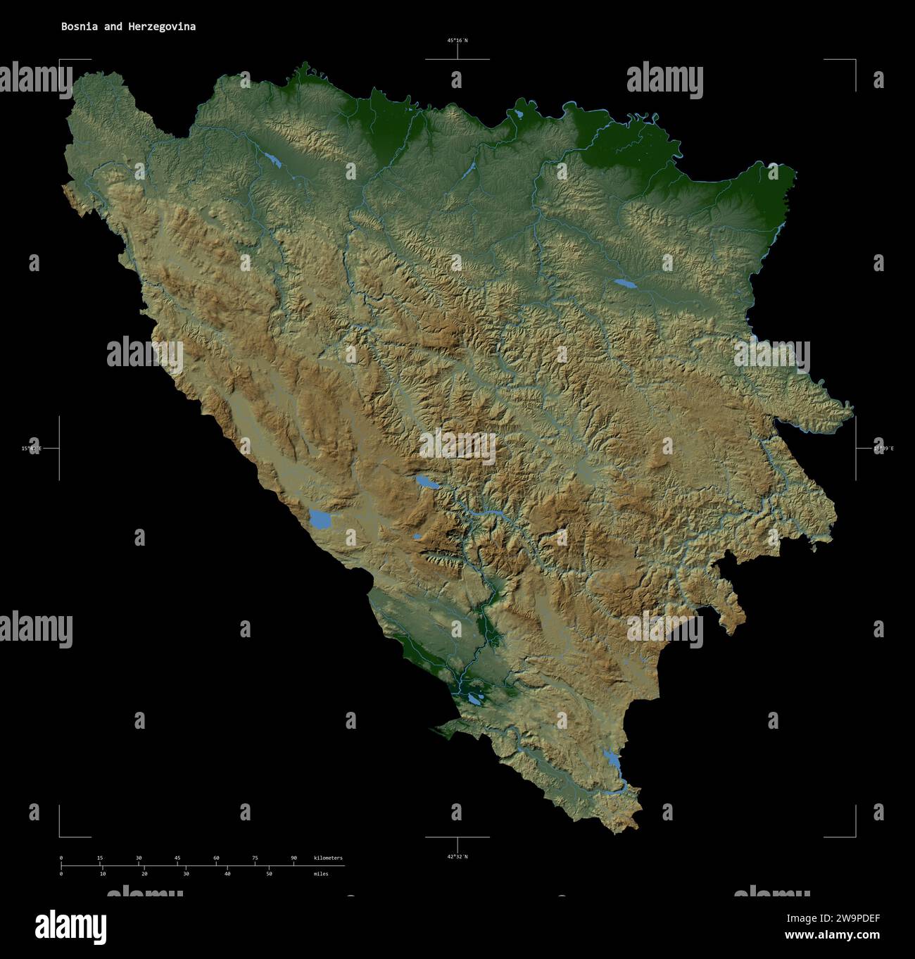 Shape of a Colored elevation map with lakes and rivers of the Bosnia ...