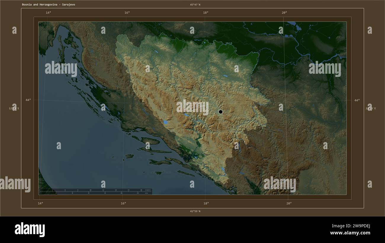 Bosnia and Herzegovina highlighted on a Colored elevation map with ...