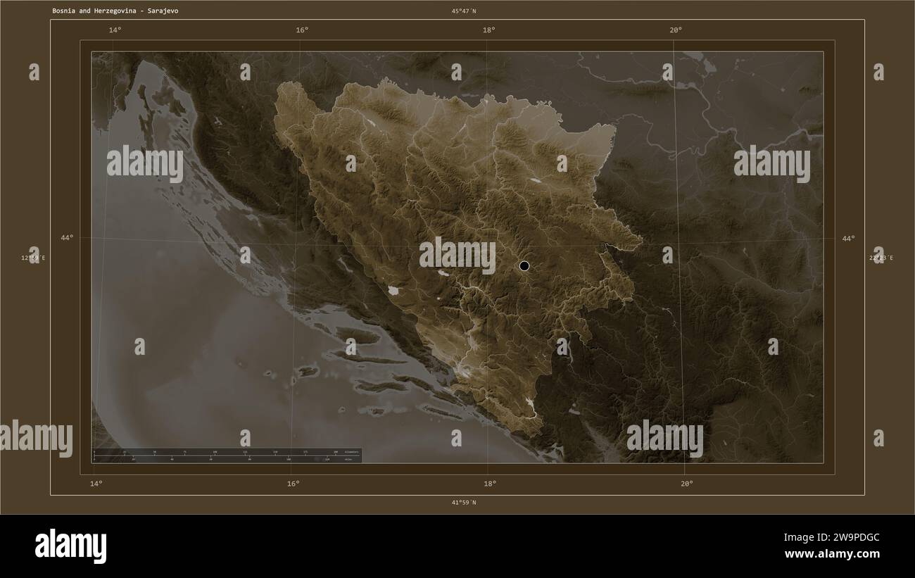 Bosnia and Herzegovina highlighted on a elevation map colored in sepia ...