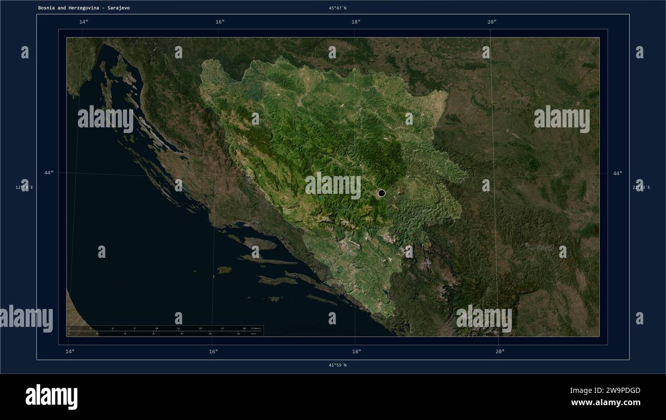 Bosnia and Herzegovina highlighted on a low resolution satellite map ...