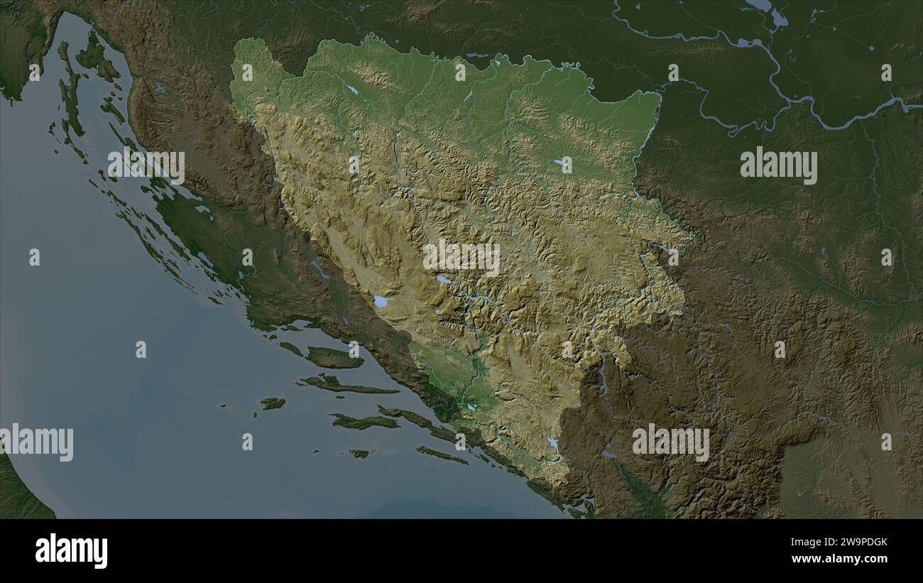 Bosnia and Herzegovina highlighted on a Pale colored elevation map with lakes and rivers Stock ...