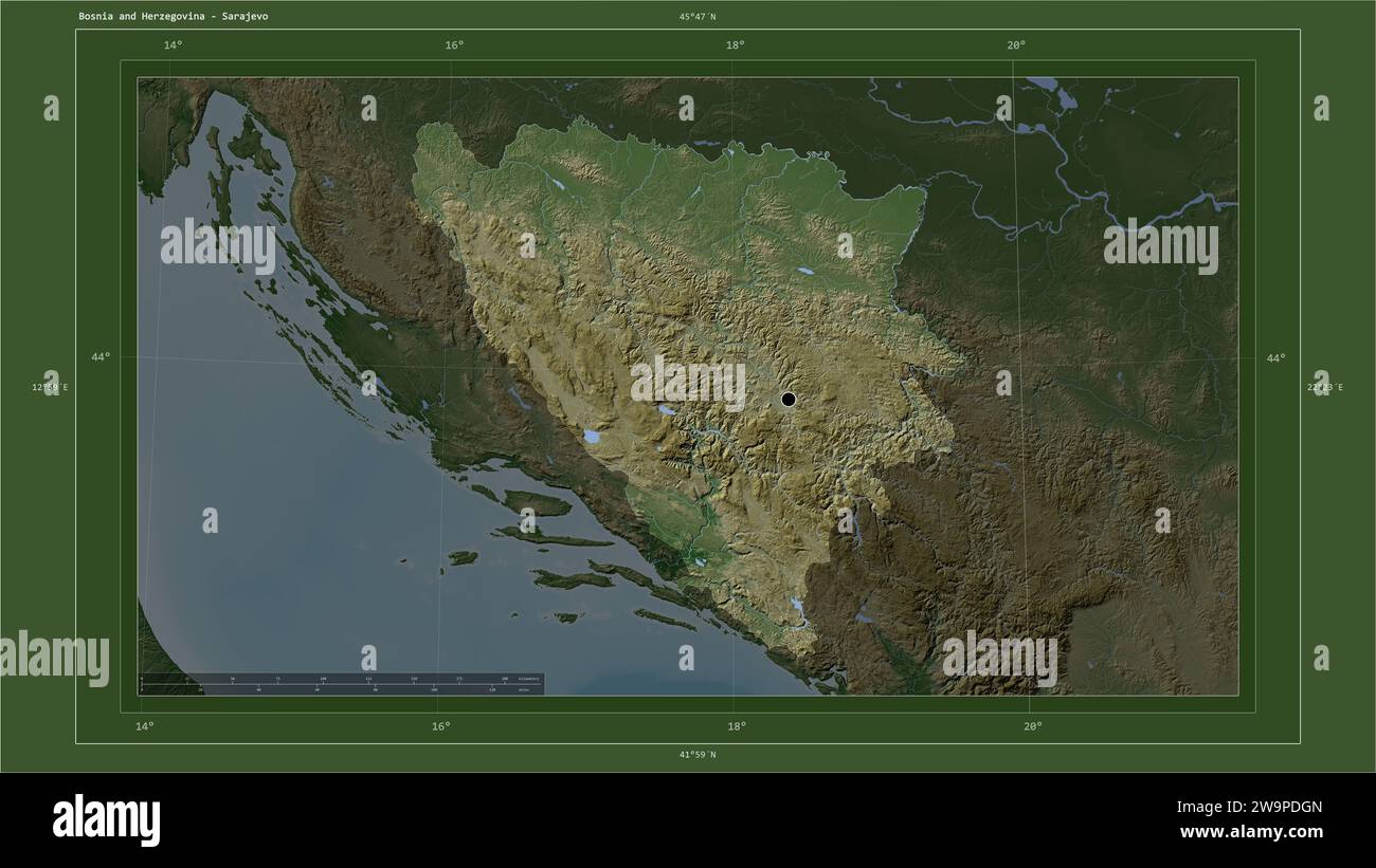 Bosnia and Herzegovina highlighted on a Pale colored elevation map with lakes and rivers map ...