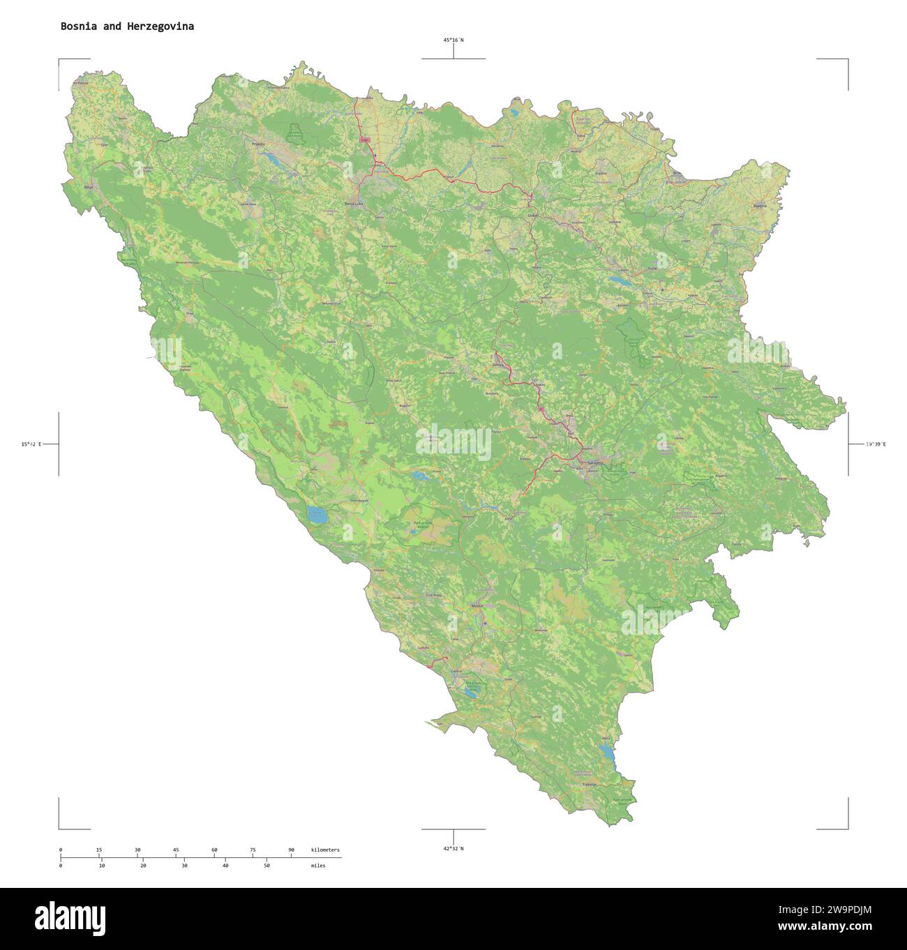 Shape of a topographic, OSM standard style map of the Bosnia and Herzegovina, with distance ...