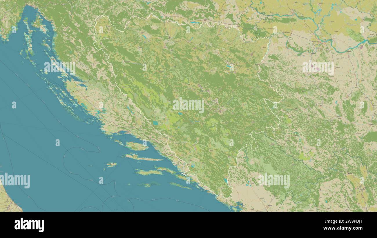 Bosnia and Herzegovina outlined on a topographic, OSM Humanitarian ...