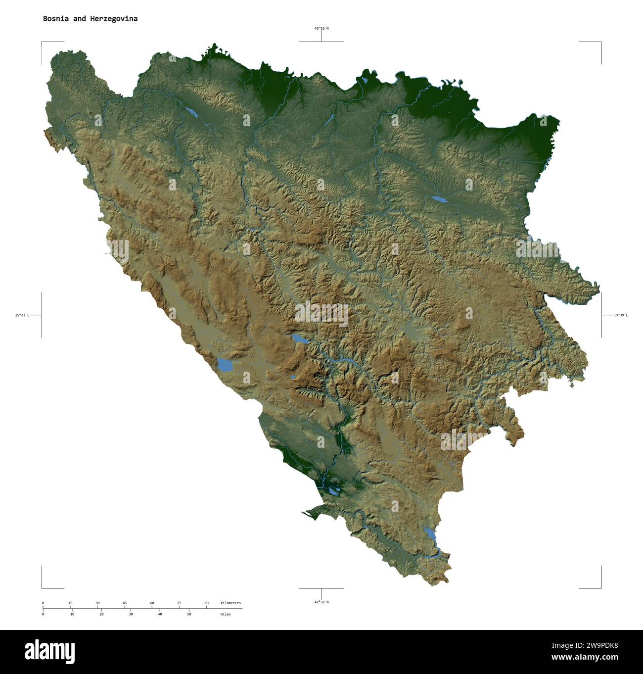 Shape of a Colored elevation map with lakes and rivers of the Bosnia ...