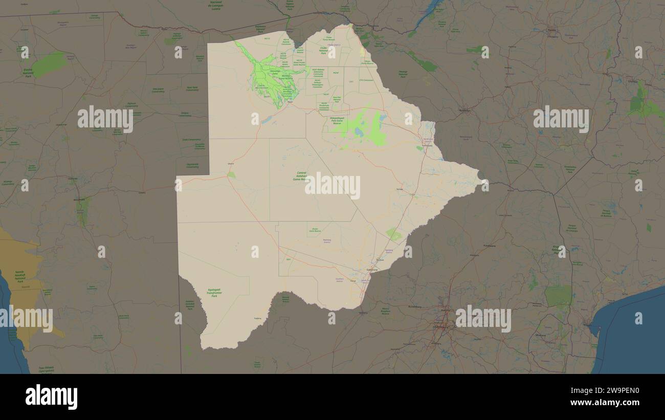 Botswana highlighted on a topographic, OSM standard style map Stock ...