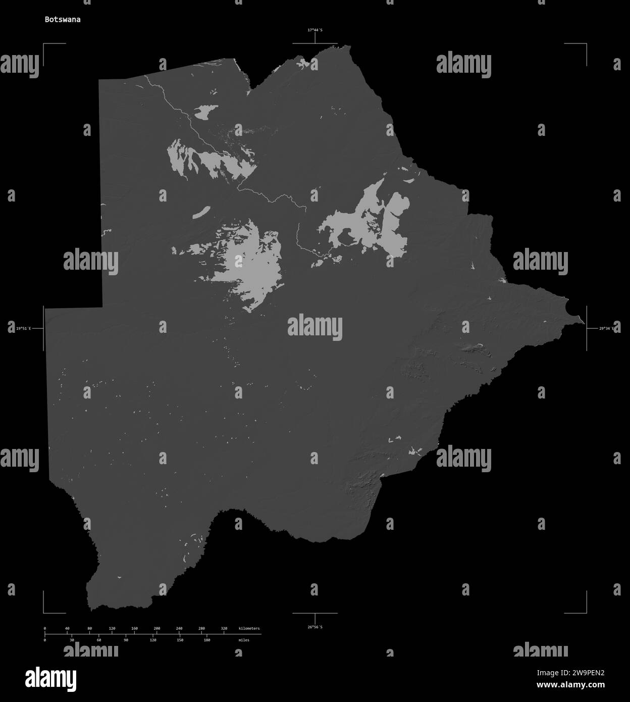 Shape of a Bilevel elevation map with lakes and rivers of the Botswana ...
