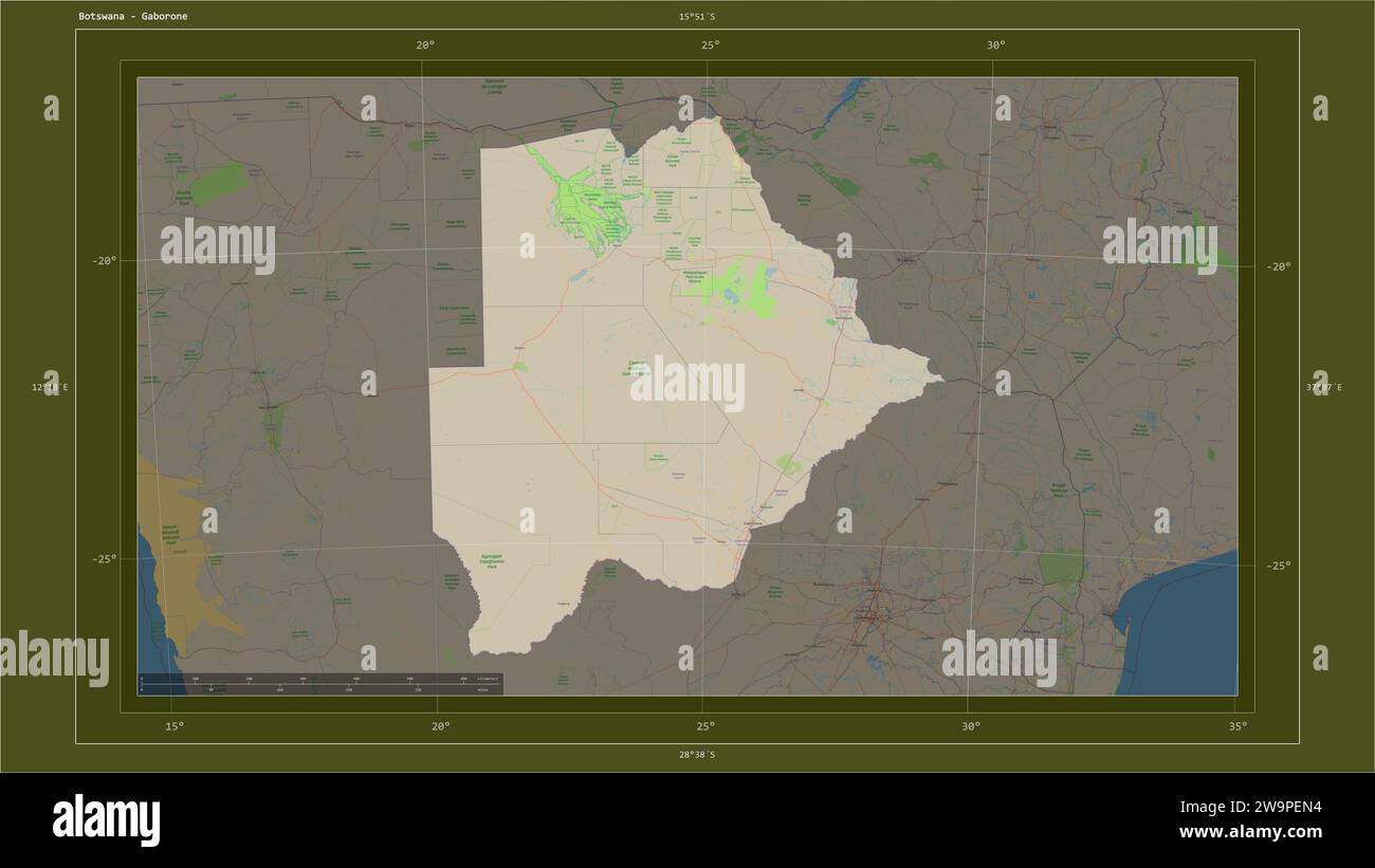 Botswana highlighted on a topographic, OSM standard style map map with ...