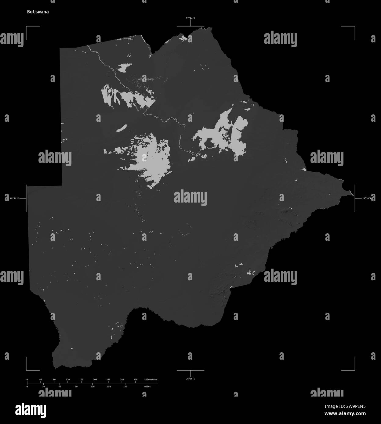 Shape of a Grayscale elevation map with lakes and rivers of the Botswana, with distance scale ...