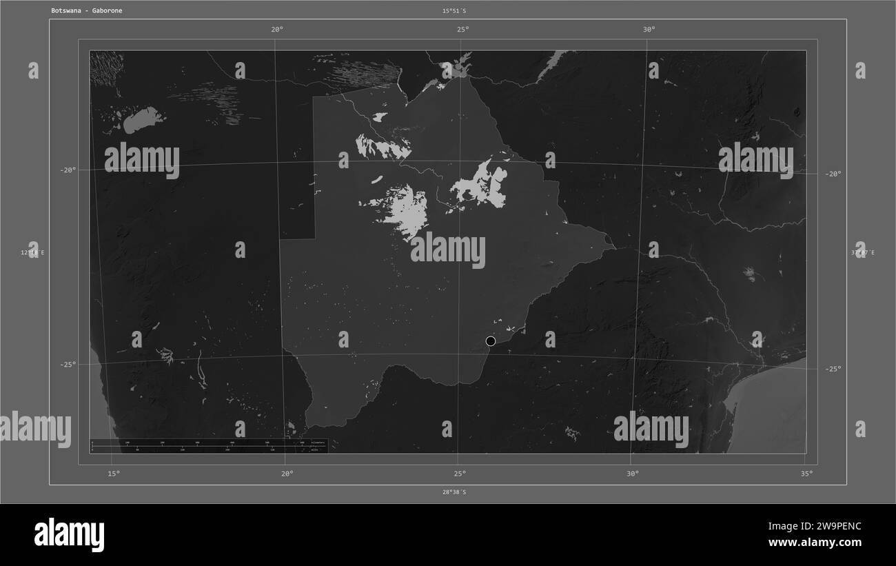 Botswana highlighted on a Grayscale elevation map with lakes and rivers ...