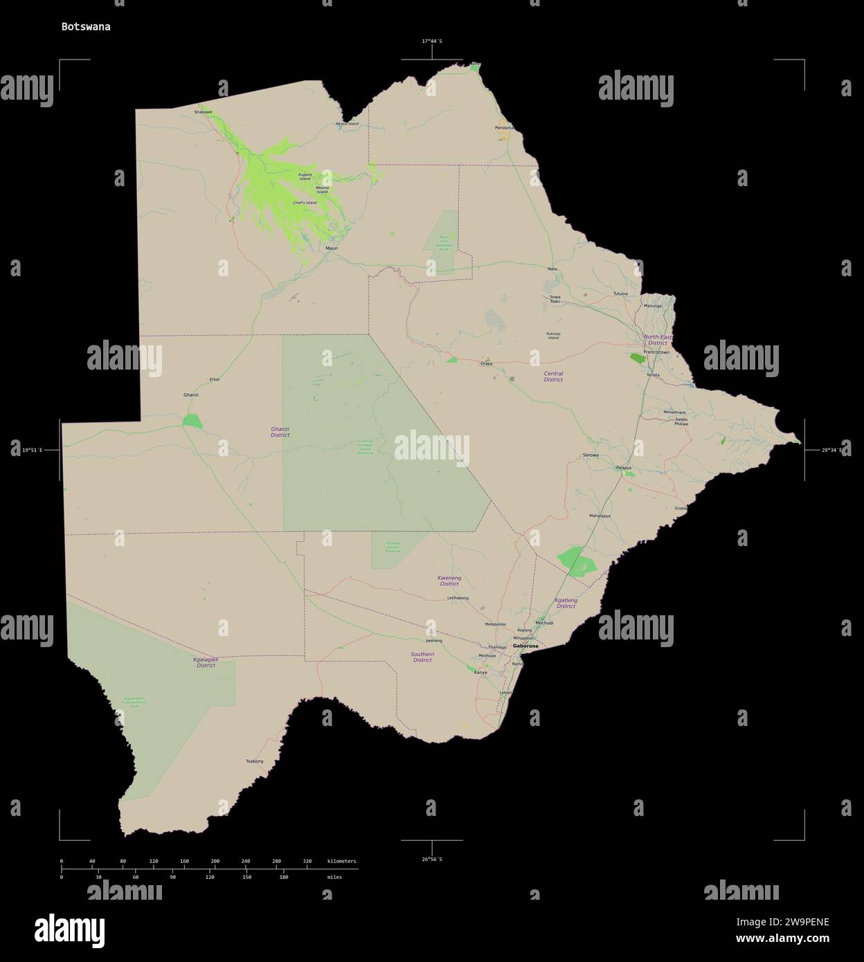 Shape of a topographic, OSM France style map of the Botswana, with ...