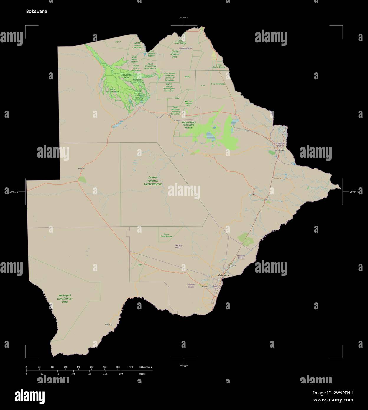 Shape of a topographic, OSM standard style map of the Botswana, with ...