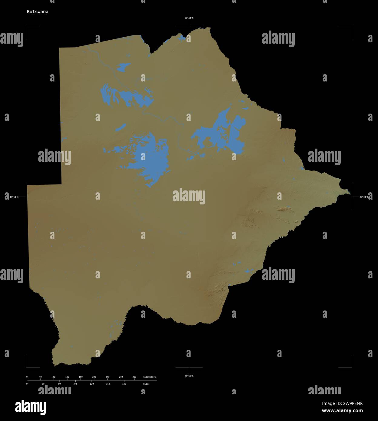 Shape of a Colored elevation map with lakes and rivers of the Botswana ...