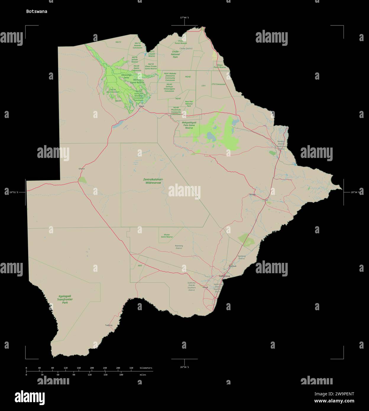 Shape of a topographic, OSM Germany style map of the Botswana, with distance scale and map ...