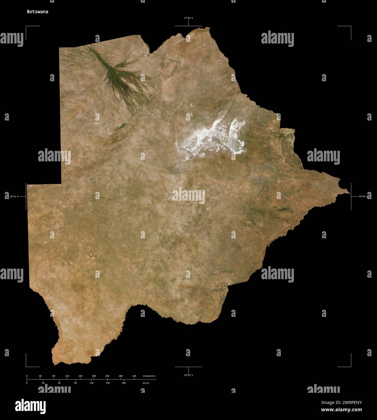 Shape of a low resolution satellite map of the Botswana, with distance ...