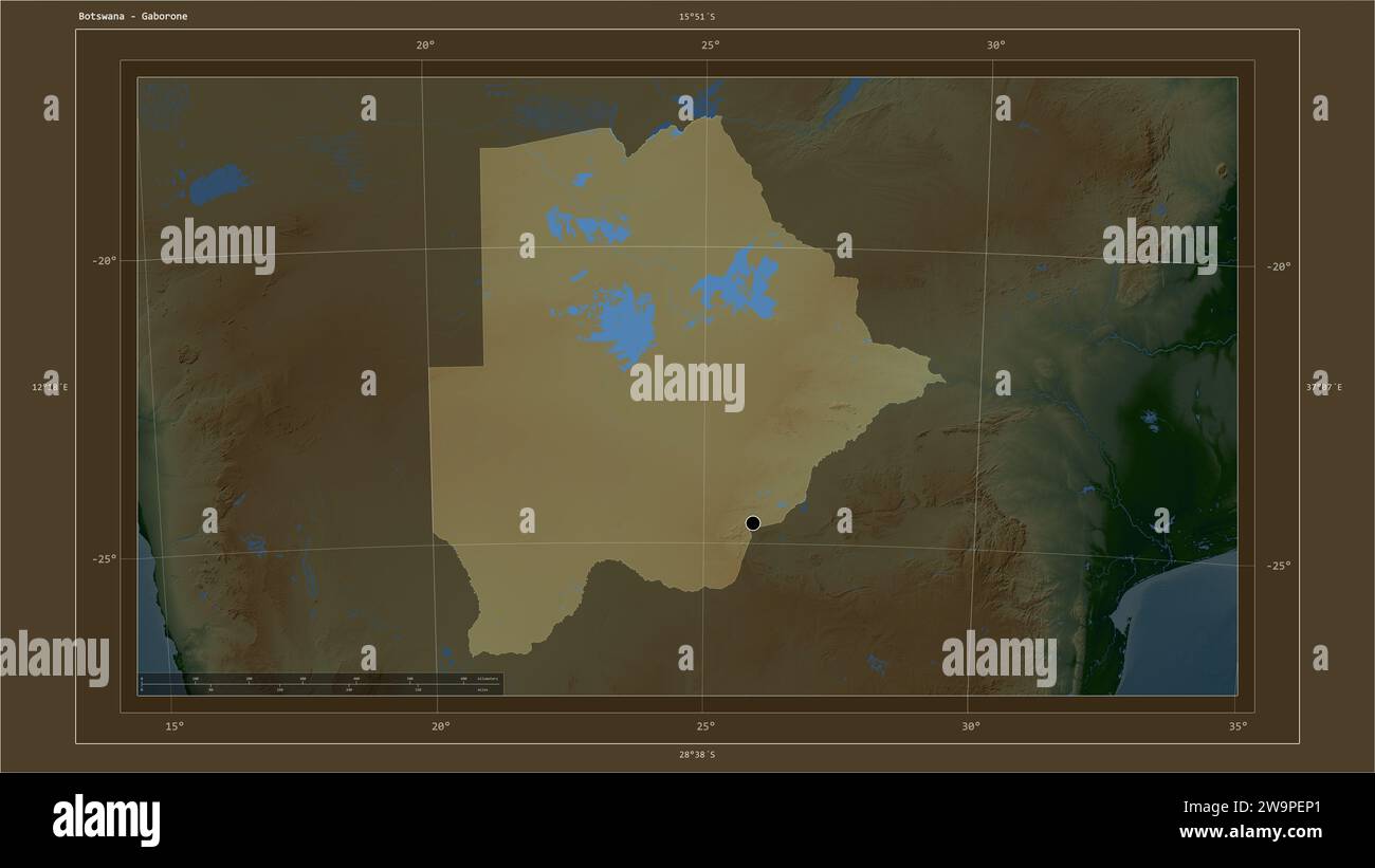 Botswana highlighted on a Colored elevation map with lakes and rivers ...