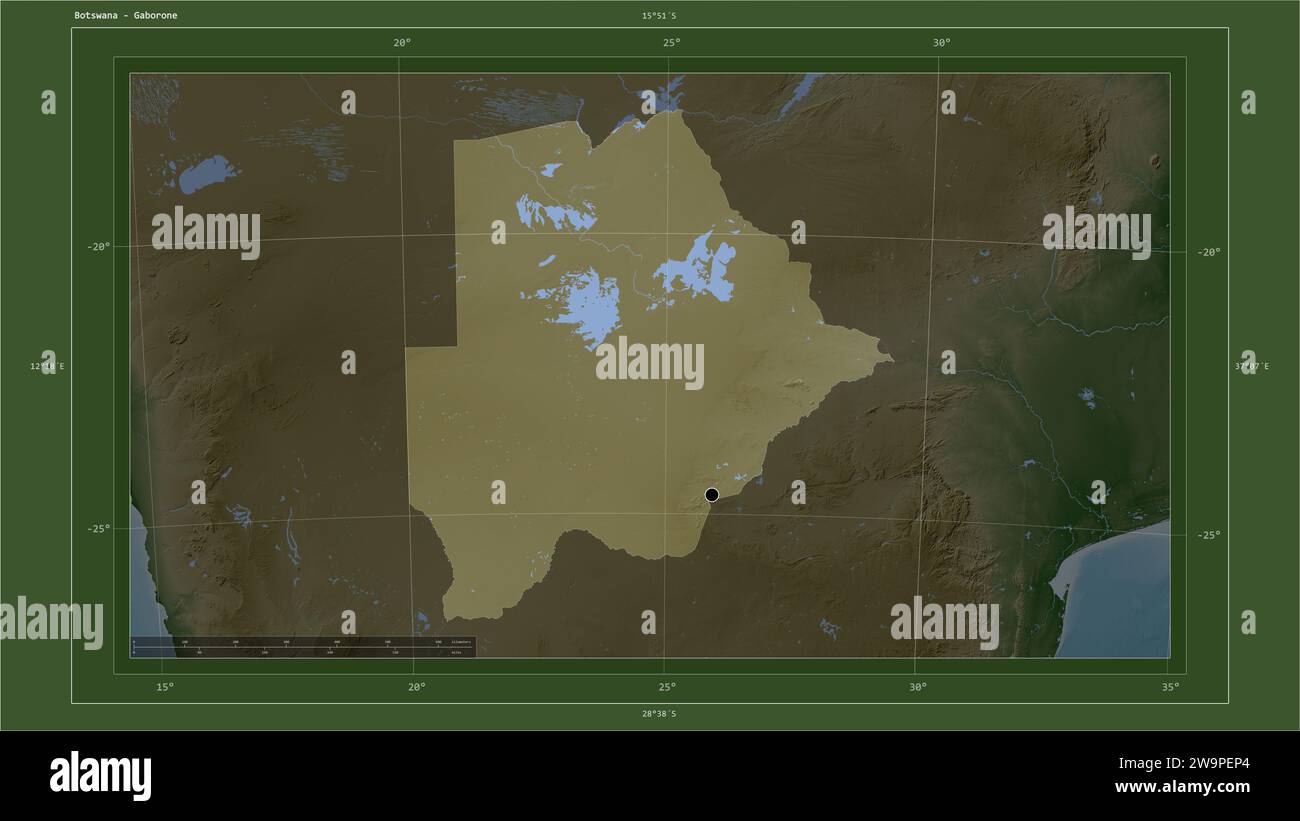 Botswana highlighted on a Pale colored elevation map with lakes and ...