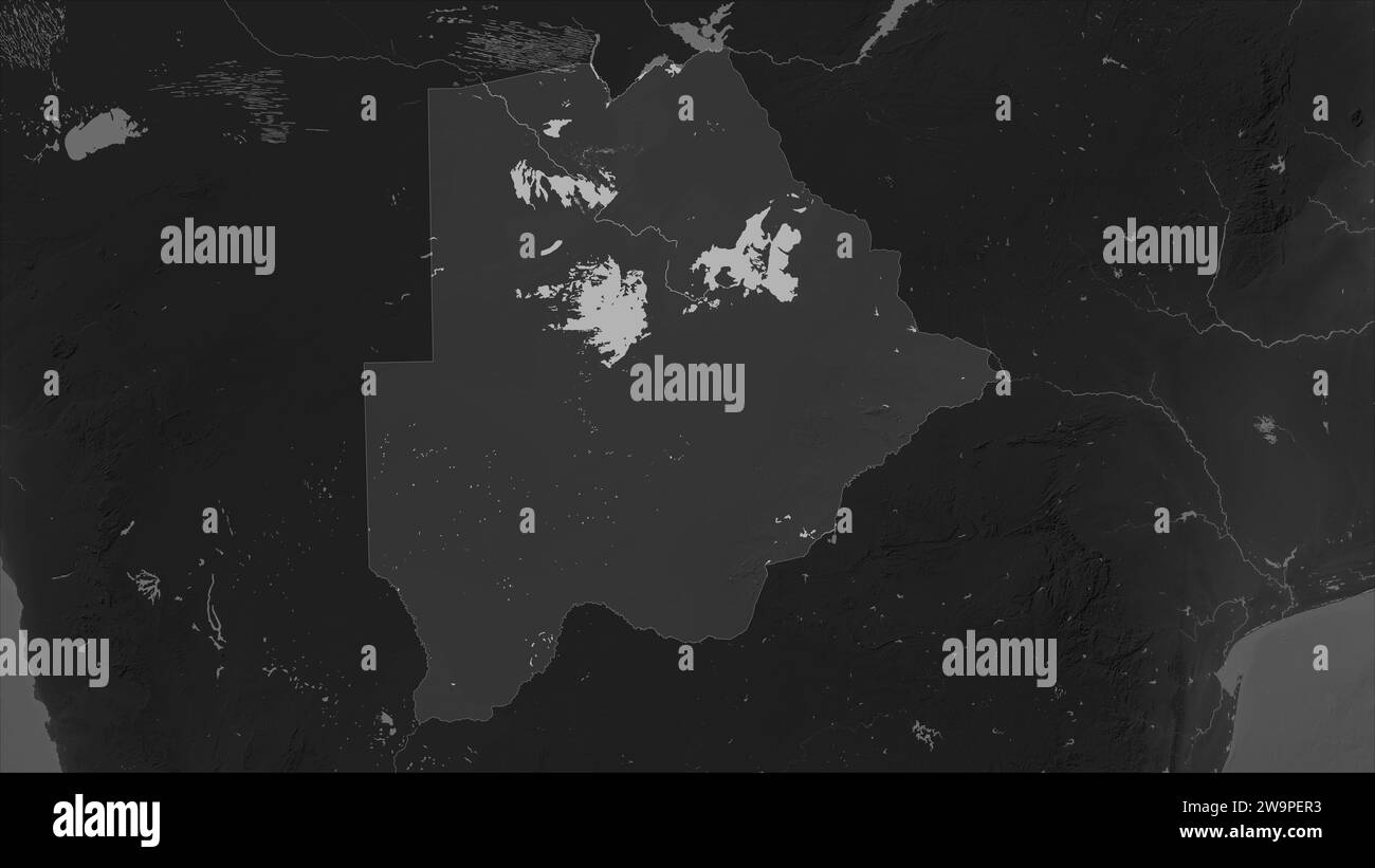 Botswana highlighted on a Grayscale elevation map with lakes and rivers ...