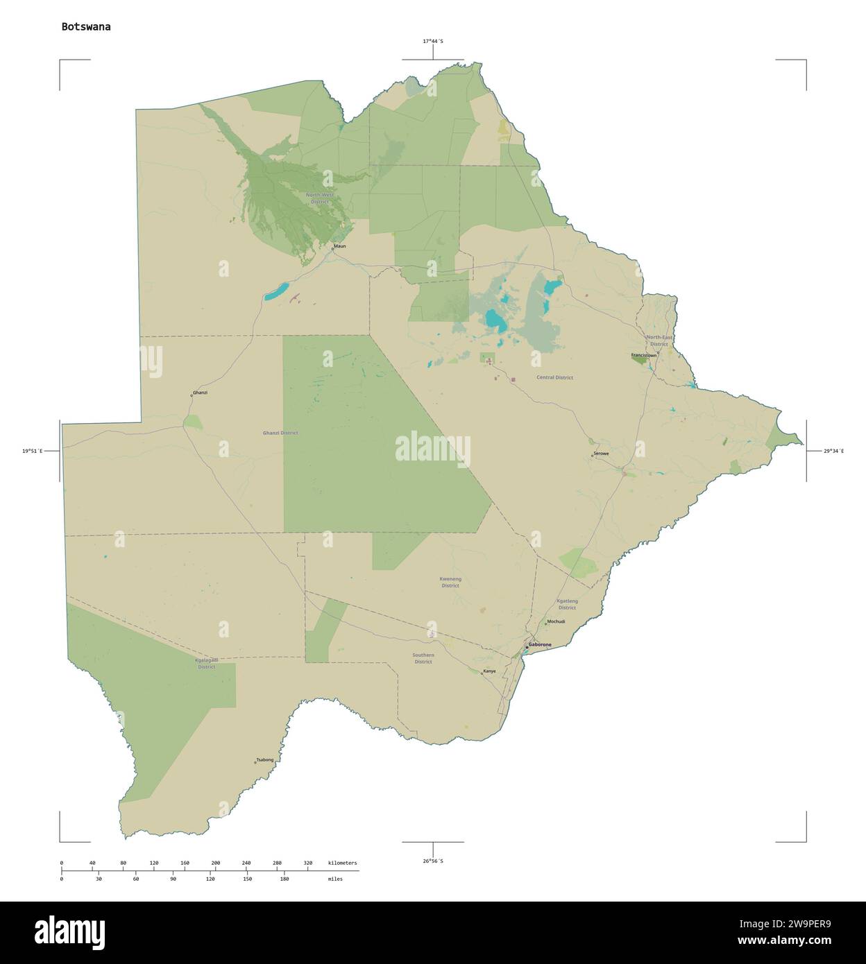 Shape of a topographic, OSM Humanitarian style map of the Botswana ...