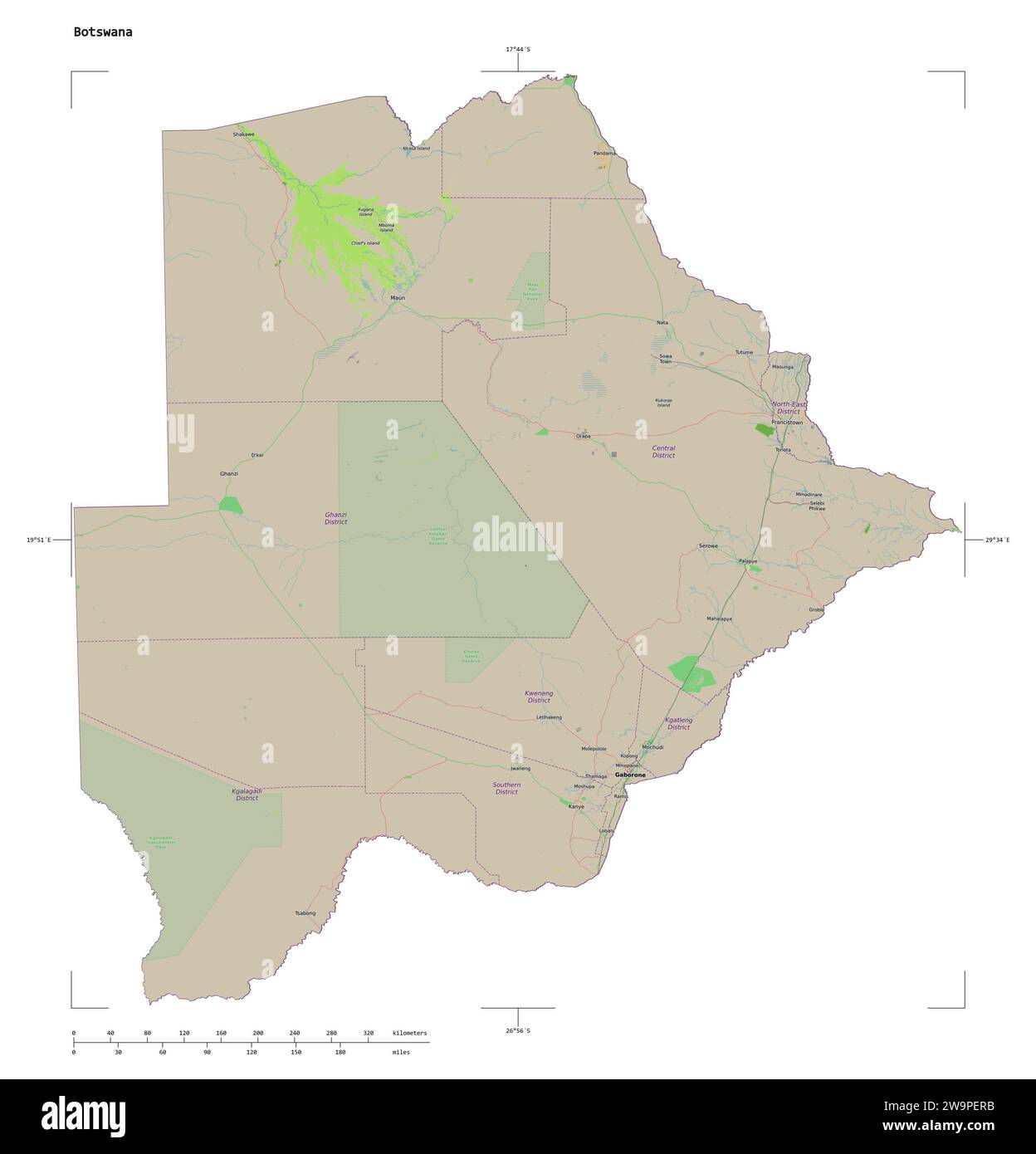 Shape of a topographic, OSM France style map of the Botswana, with ...