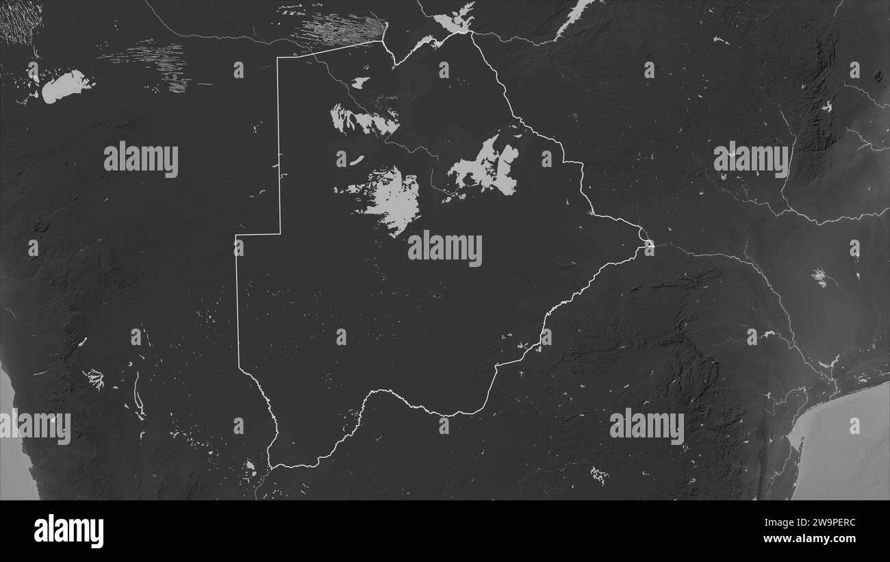Botswana outlined on a Grayscale elevation map with lakes and rivers ...