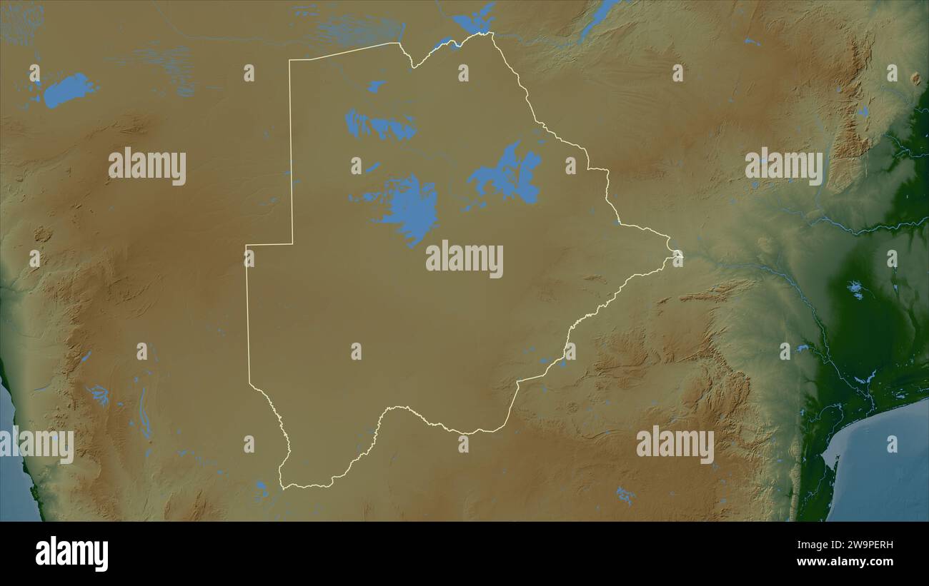 Botswana outlined on a Colored elevation map with lakes and rivers ...