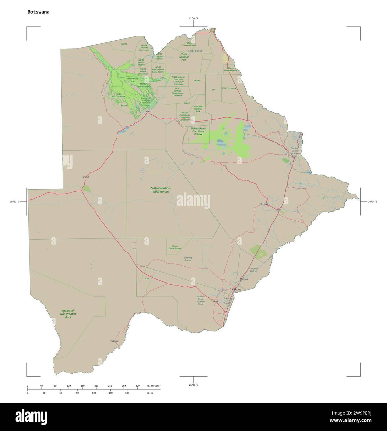 Shape of a topographic, OSM Germany style map of the Botswana, with ...
