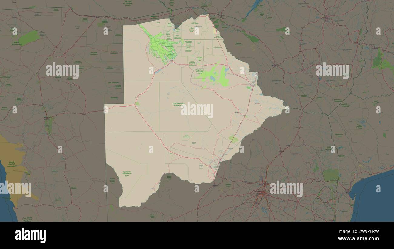 Botswana highlighted on a topographic, OSM Germany style map Stock Photo - Alamy