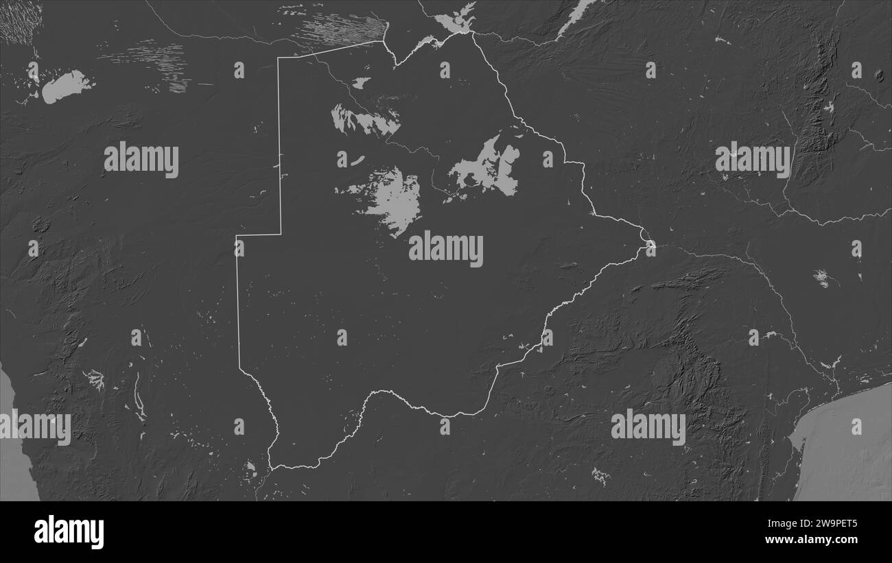Botswana outlined on a Bilevel elevation map with lakes and rivers ...