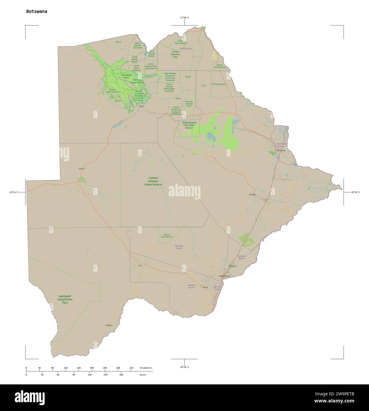 Shape of a topographic, OSM standard style map of the Botswana, with distance scale and map ...
