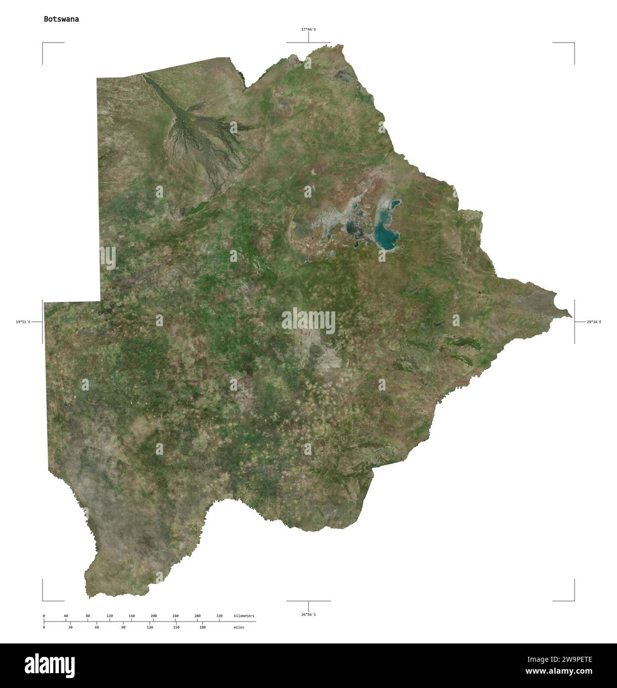 Shape of a high resolution satellite map of the Botswana, with distance ...