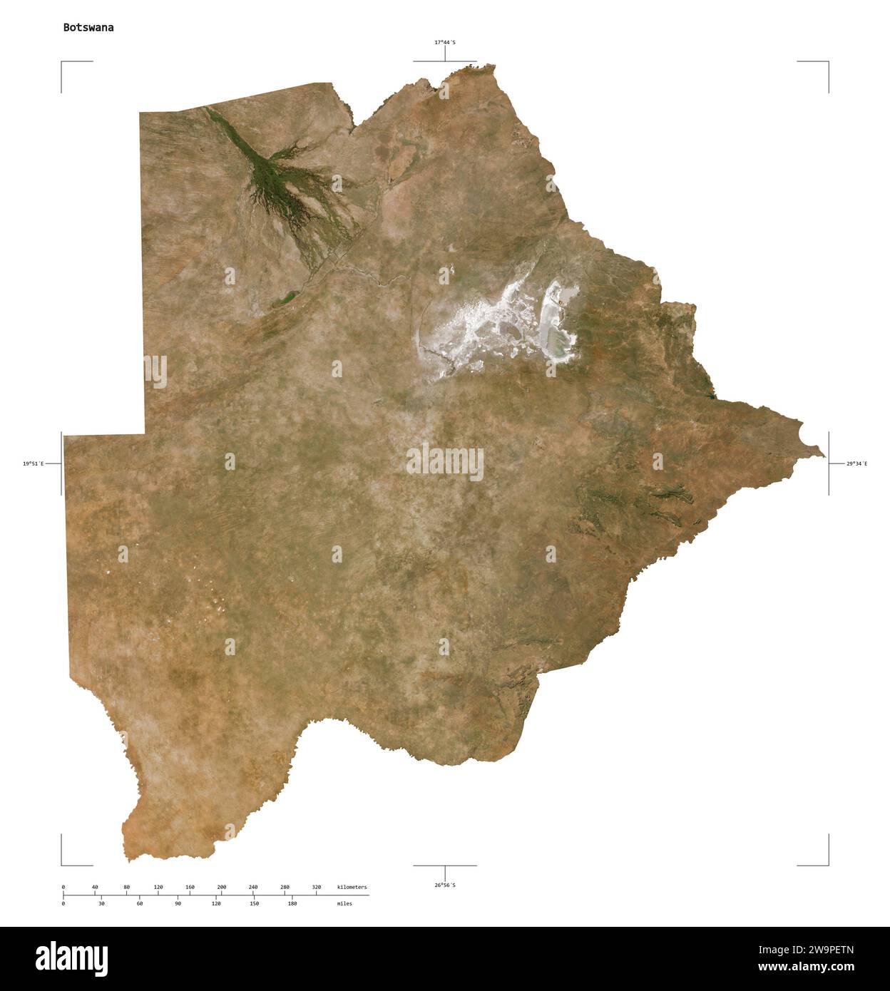 Shape of a low resolution satellite map of the Botswana, with distance ...