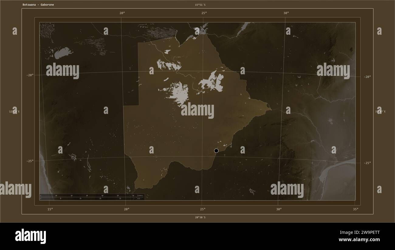 Botswana highlighted on a elevation map colored in sepia tones with ...