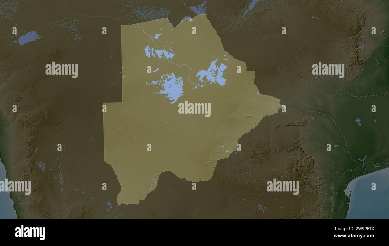 Botswana highlighted on a Pale colored elevation map with lakes and ...