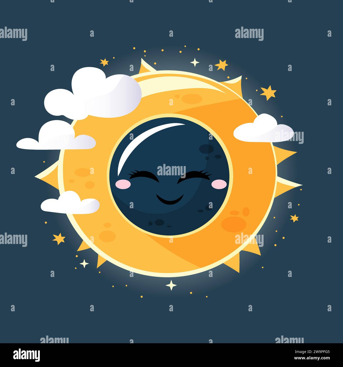 Hand drawn solar eclipse concept. Cute vector design with smiling moon ...