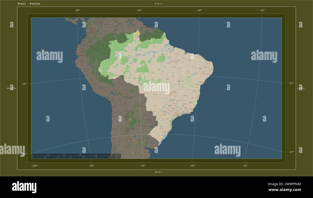 Brazil highlighted on a topographic, OSM standard style map map with ...