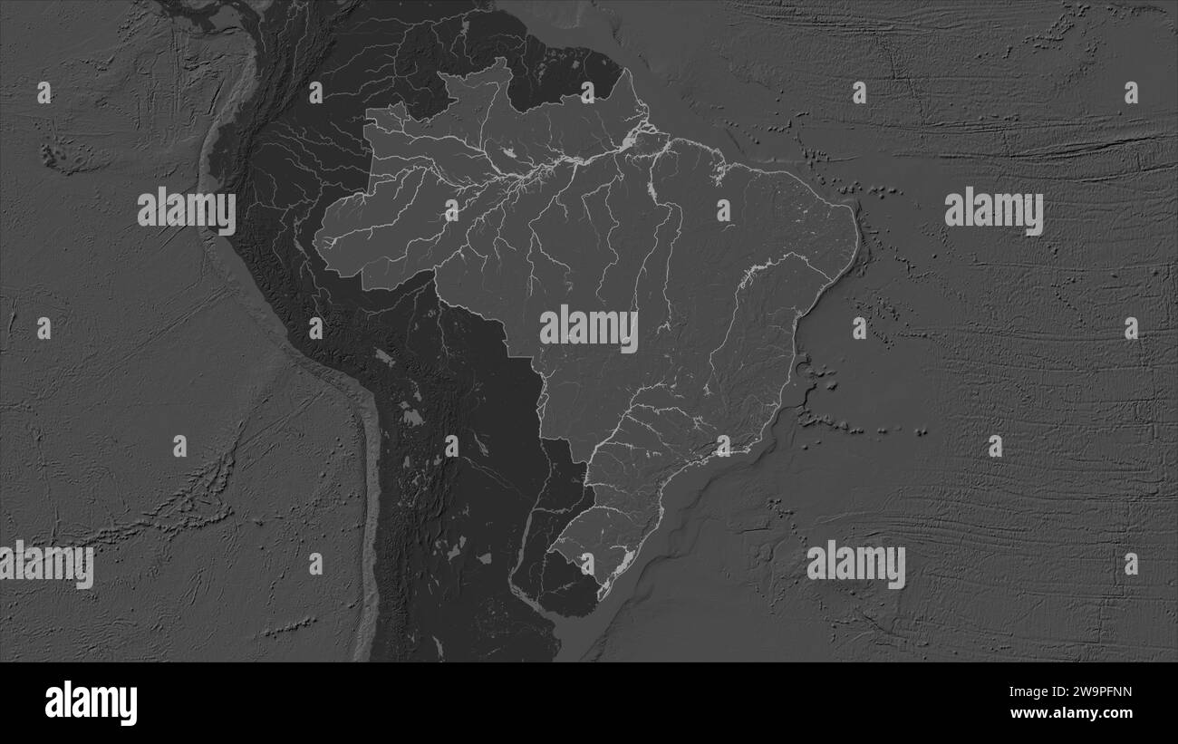 Brazil highlighted on a Bilevel elevation map with lakes and rivers ...