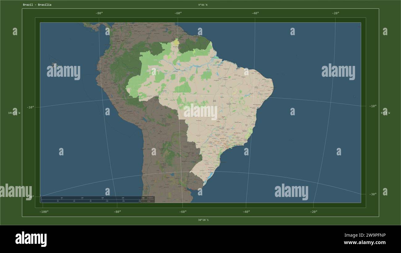 Brazil highlighted on a topographic, OSM Germany style map map with the country's capital point ...
