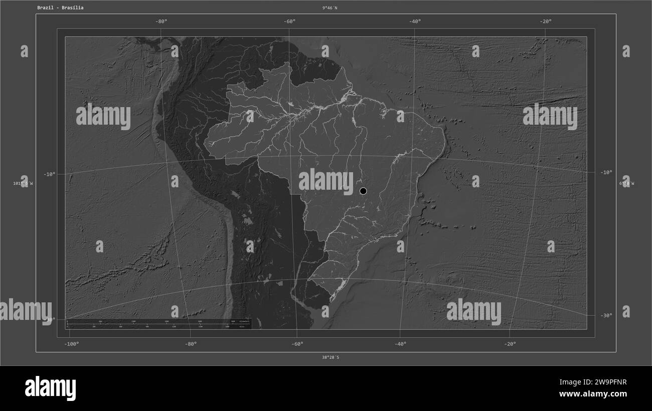 Brazil highlighted on a Bilevel elevation map with lakes and rivers map ...