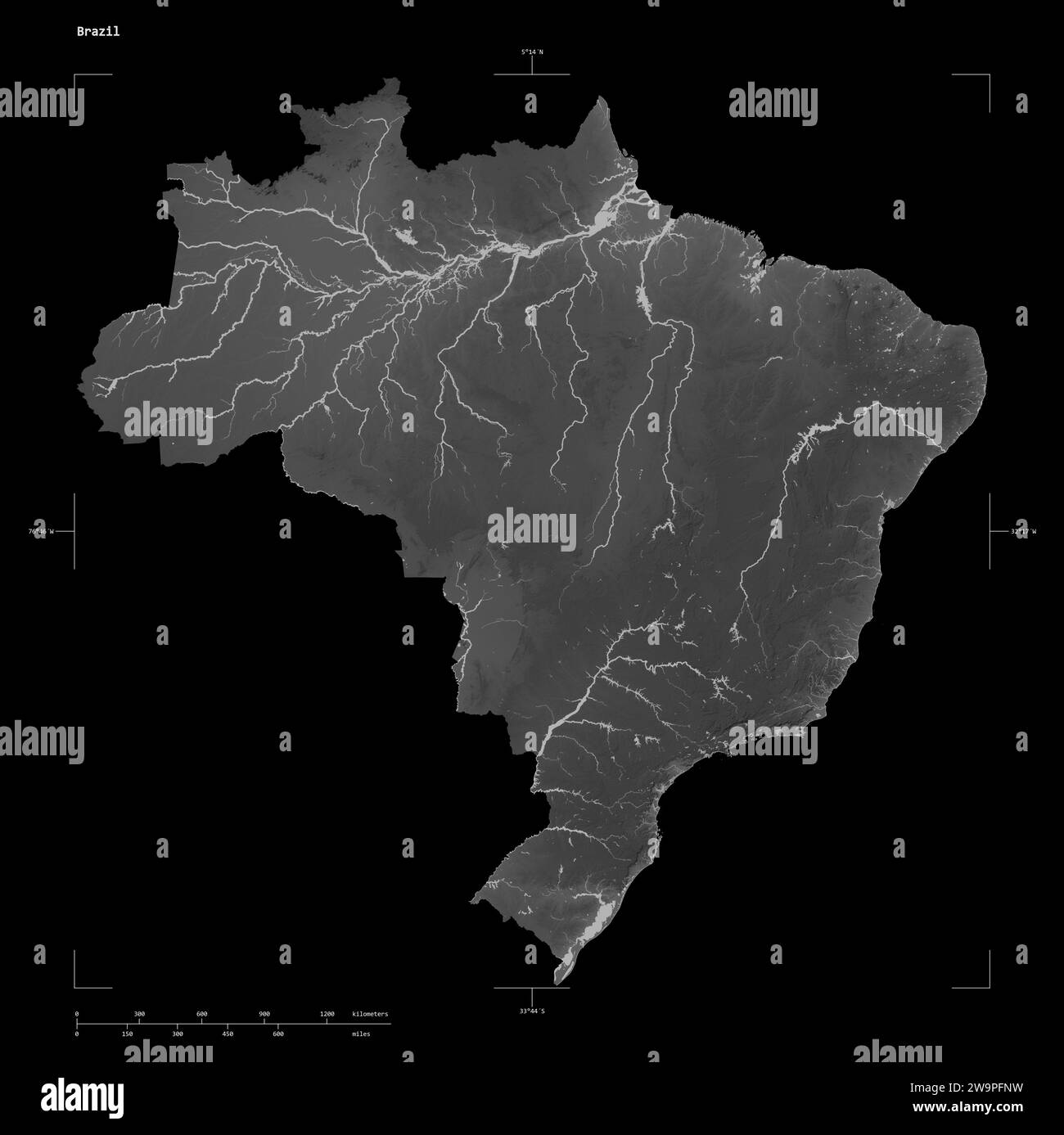 Shape of a Grayscale elevation map with lakes and rivers of the Brazil ...