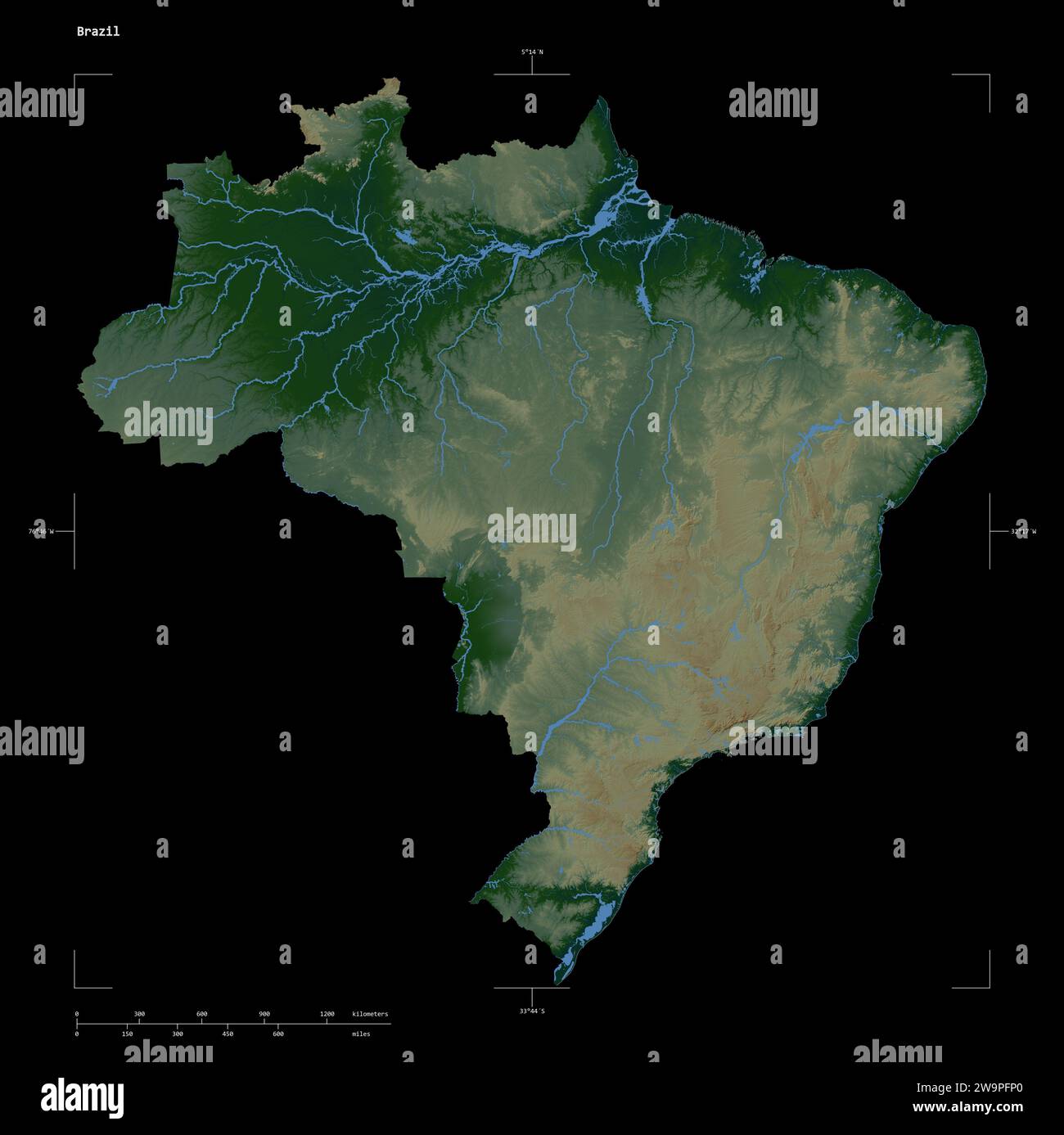 Shape of a Colored elevation map with lakes and rivers of the Brazil ...