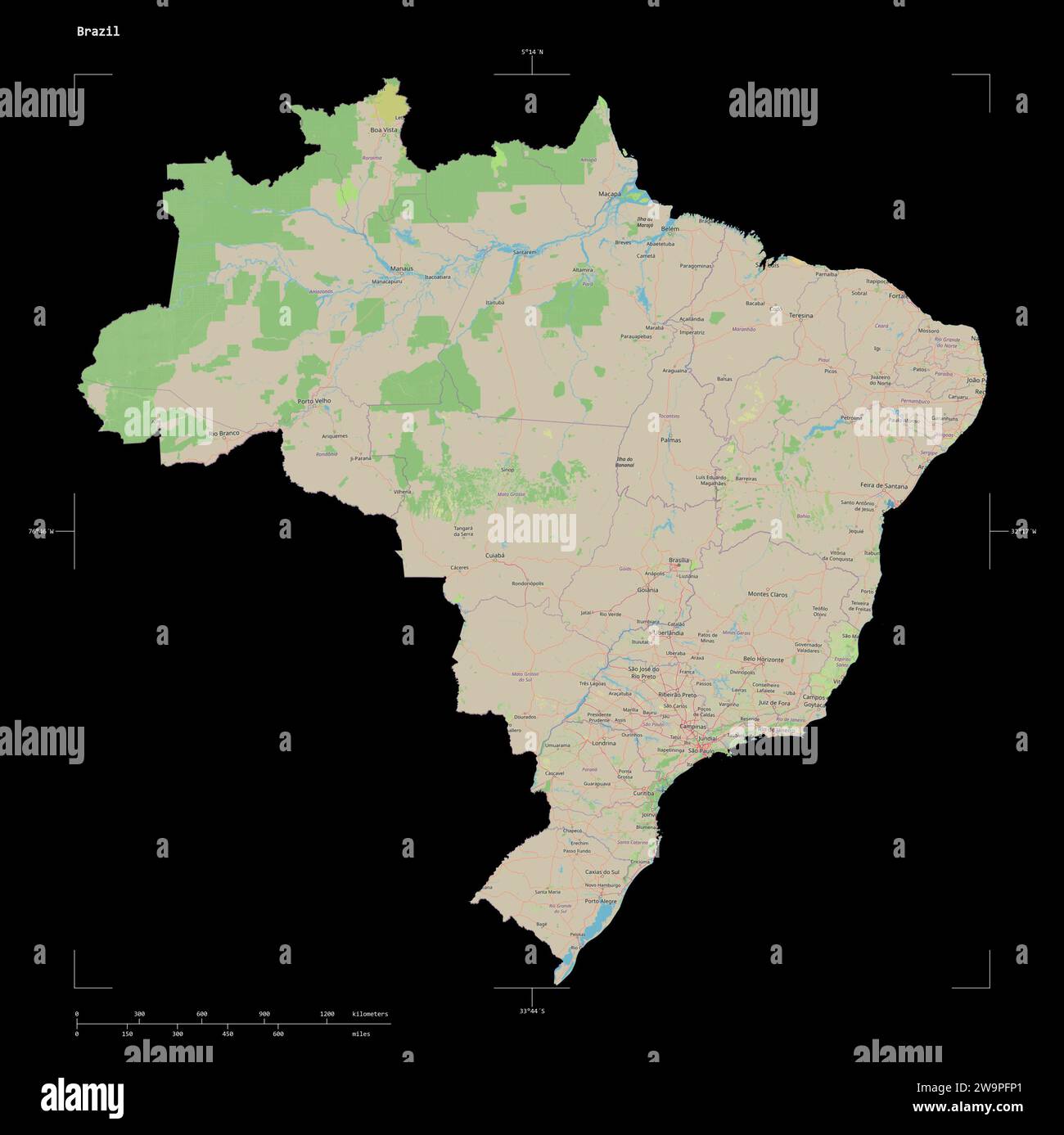 Shape of a topographic, OSM standard style map of the Brazil, with ...